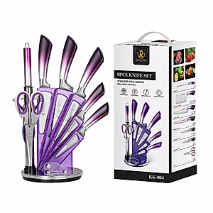Kitchen Knife Set, 9-Piece Purple Professional Kitchen Knives Set with Acrylic Block, Non Stick Sharp Stainless Steel Chef Knife Set with Sharpener for Kitchen Cutting Kitchen Gifts for Women