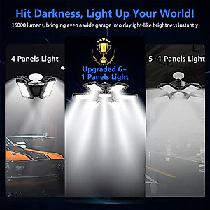 ZAROVS LED Garage Lights, 160W 16000LM Deformable LED Garage Ceiling Lights with 6+1 Adjustable Panels, 6500K Daylight Led Lights, E26 LED Shop Lights for Garage, Basement, Workshop, Warehouse.