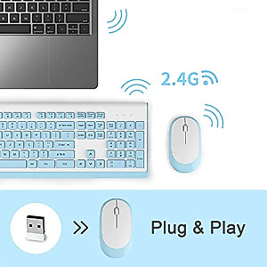 Wireless Keyboard Mouse Combo, MageGee V650 Quiet Full Size 2.4G Ultra-Thin Wireless Keyboard and Mouse Set with Number Pad for Windows, Desktop, Laptop, PC, White Blue