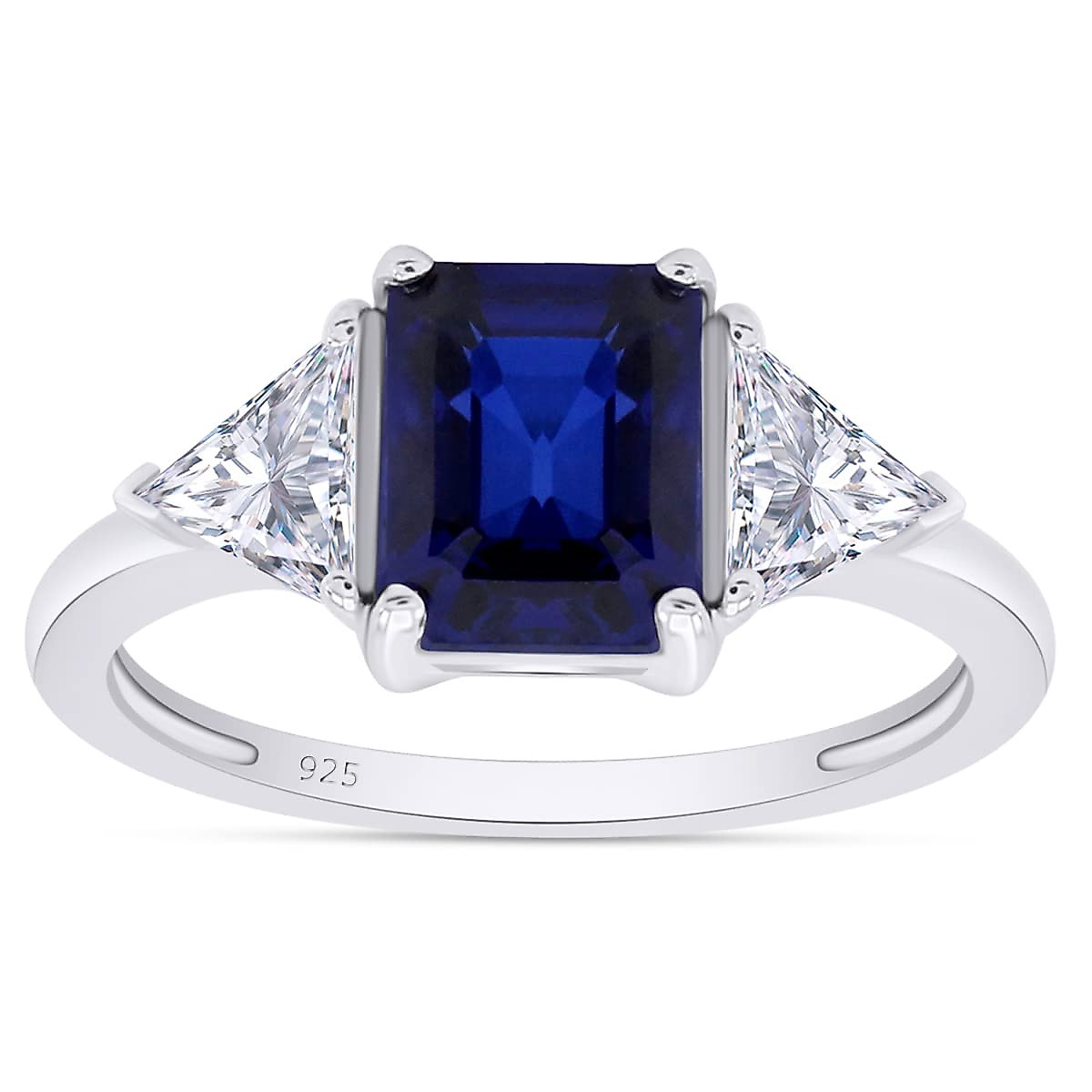 AFFY 14k White Gold Over Sterling Silver Emerald Cut Blue Sapphire With Trillion White Topaz Ring Jewelry For Womens Ring Size-7