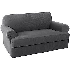 H.VERSAILTEX High Stretch Rich Jacquard 2-Piece Loveseat Slipcover/Furniture Covers for Loveseat with Elastic Bottom, Suit for T Cushion/Box Cushion Spandex Jacquard Fabric, Charcoal Gray