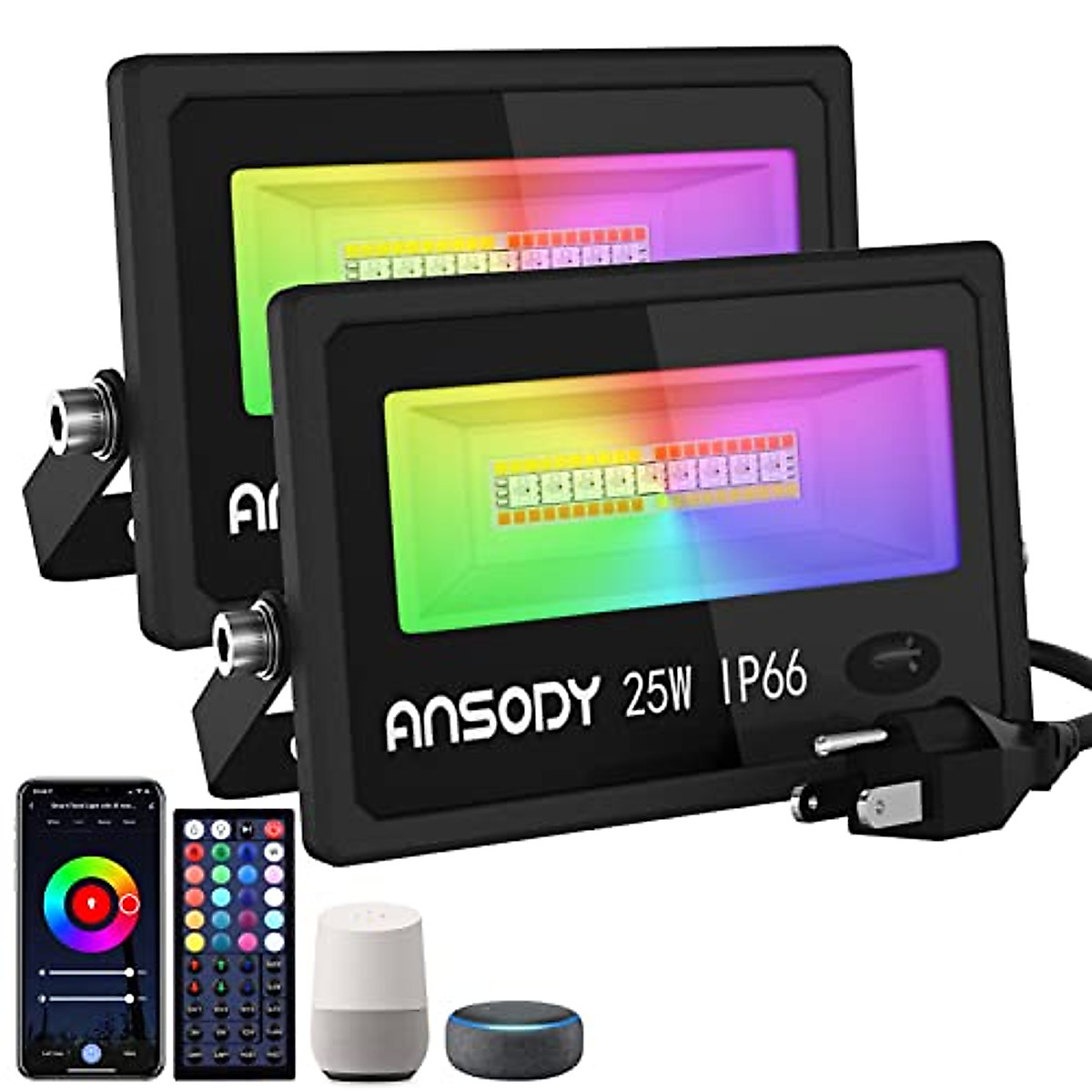 Smart Outdoor LED Flood Light,RGBW Landscape Light Stage Light Controled by APP/Alexa/Google Home,5000K 200W Equivalent IP66 Waterproof Timing Dimmable,Suit for Garden Party Halloween,2 Pack