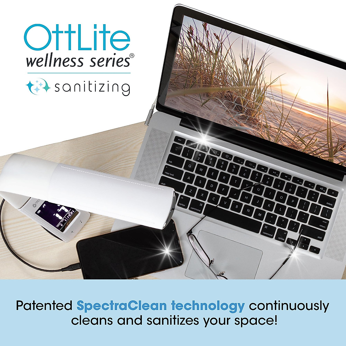 OttLite Thrive LED Sanitizing Desk Lamp with Clock and USB Charging - Eliminates up to 99.9% of Bacteria, Touch Activated, Flexible Neck, Modern Light for Reading, Crafting & Office Desktop