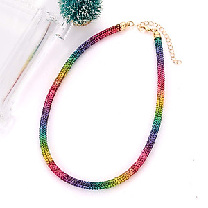 ZITULRY Leopard Print Crystaldust Choker Necklace for Women Rainbow Colored Rhinestone Beaded Choker Necklace (Rainbow)