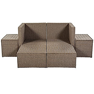 SIYAHOME Conversation 6-Piece Outdoor Furniture, PE Rattan Sectional Sofa Set with 2 Tea Tables for Poolside, Garden, Deck, Wicker Cushion, Brown + Beige