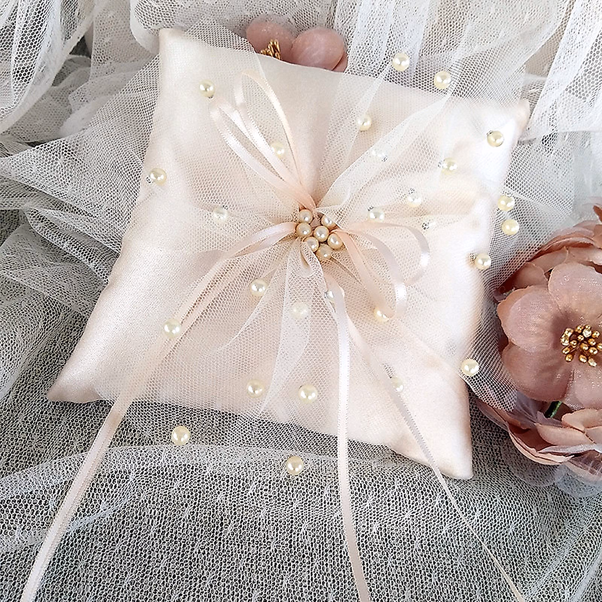 LABJULY Ring Pillow Pearl Ring Bearer Pillows 5.9x5.9 Inch Champagne Stain Ribbons Bow Fall Wedding Ring Pillows for Bridal Wedding