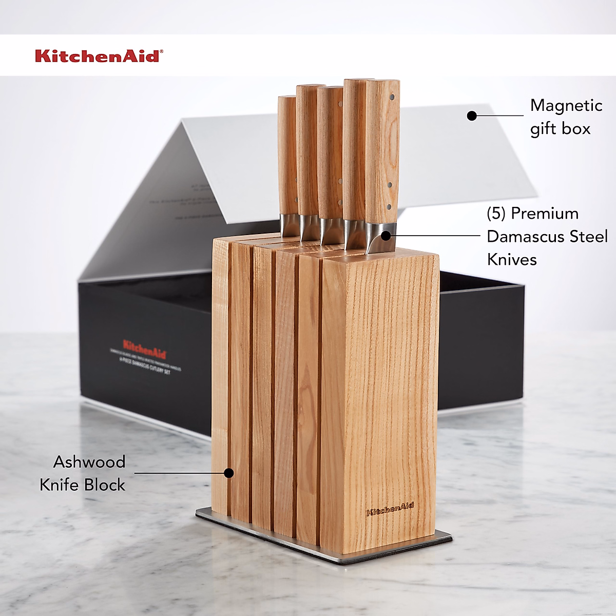 KitchenAid 6-Piece Ashwood Knife Block Set | Premium Damascus Steel Blades | Pakkawood Handles | Space-Saving Design | Includes Chef, Santoku, Slicing, Utility & Paring Knives | Kitchen Knife Set