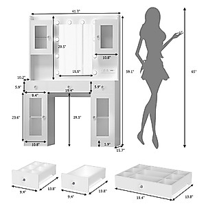 Jaojcoe Makeup Vanity Desk with RGB Lights, Vanity Table with Glass Tabletop & 3 Light Settings & Charging Station, 59inch Large Makeup Vanity for Bedroom