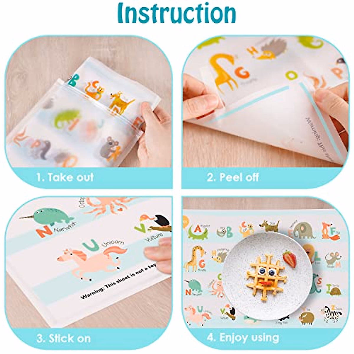 Disposable Placemats for Baby 40 Pack Stick-On Baby Placemat Alphabet ABC Animal Kids Table Mat for Restaurants Dining Table Travel Essentials for Toddlers