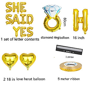 KUNGOON She Said Yes Banner Balloons,Funny Balloon for Wedding Engagement Bridal Shower Bachelorette Hen Party Decoration,Diamond Ring Foil Sign Photo Props.(Gold)