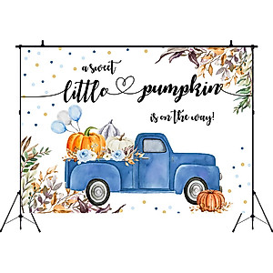 Aperturee Little Pumpkin Baby Shower Backdrop 5x3ft A Little Sweet Pumpkin is On The Way Blue Truck Leaves Balloons It's a Boy Photography Background Fall Autumn Party Decorations Banner Photo Booth…