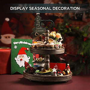 HYGGEISM Two Tier Tray Distressed Wood 2 Tiered Serving Tray Farmhouse, Decorative Wooden Rustic Cake Stand for Kitchen Counter Table, Coffee Bar Decor (Heart-Shaped Handle)