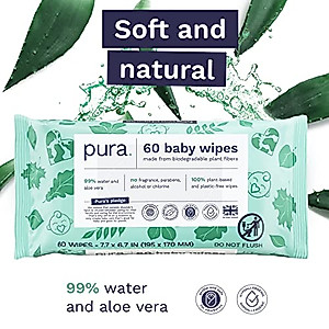 Pura Baby Wipes, 100% Plastic-Free & Plant Based Wipes, 99% Water, Suitable for Sensitive & Eczema-prone Skin, Fragrance Free & Hypoallergenic, Cruelty Free, EWG Verified, 1 Pack of 60 Wet Wipes