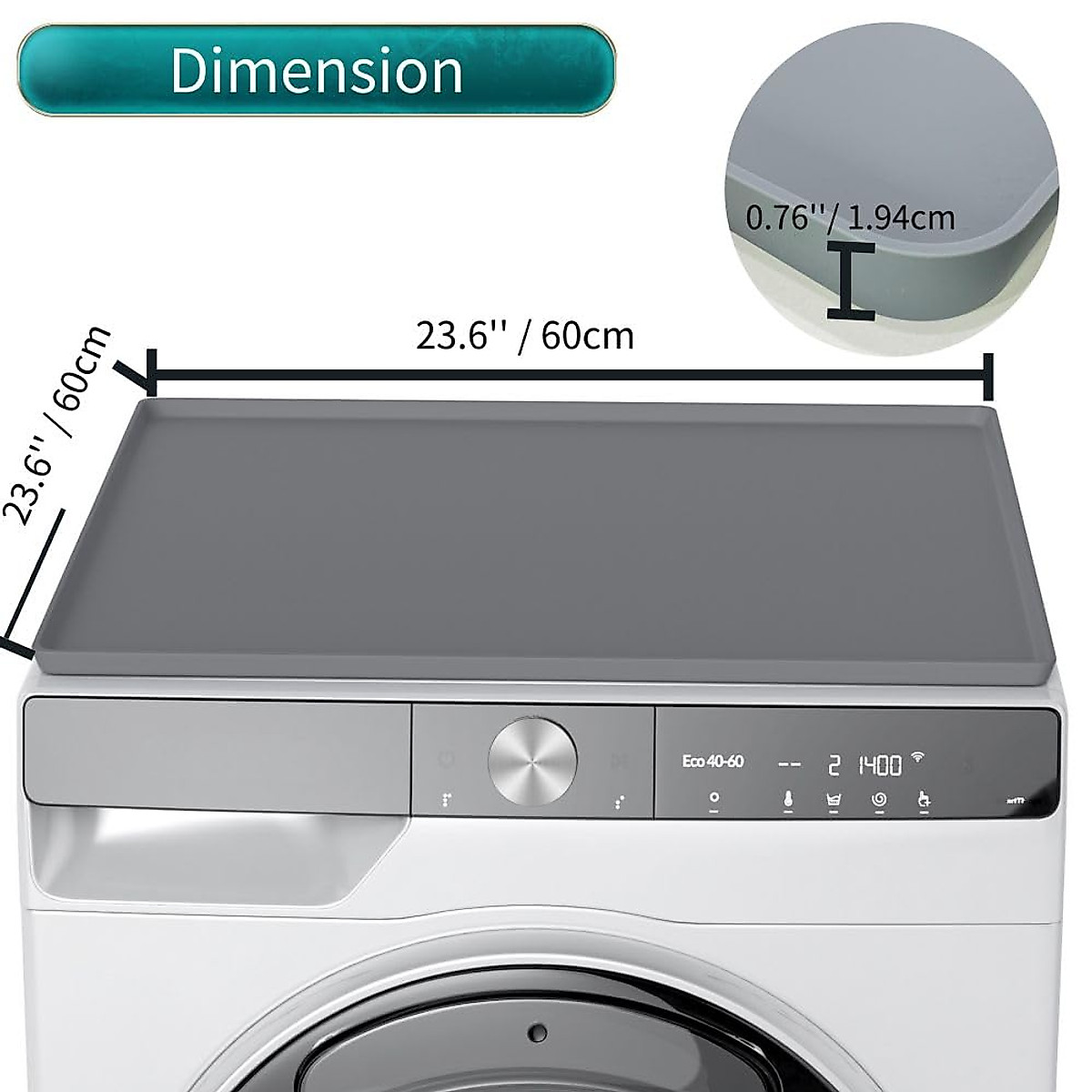 Iycnkok Washer and Dryer Top Cover Mat - 23.6''x 23.6'' Silicone Protector for Washing Machine Countertop - Non-Slip Rubber Waterproof Dustproof Ideal for Laundry Kitchen - Gray 2 Pack