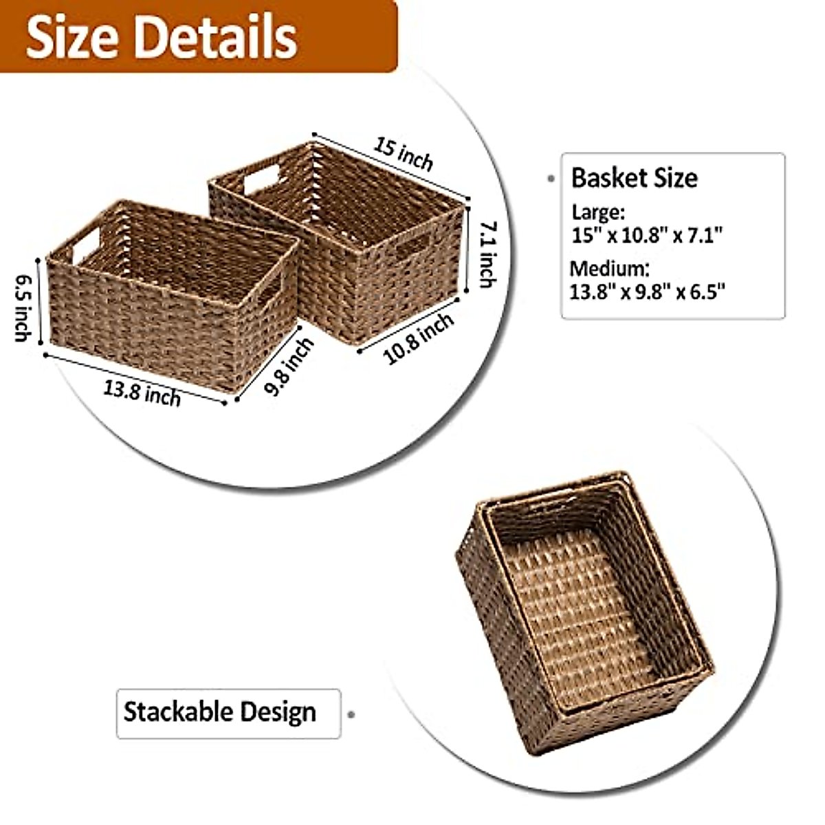 ROSOS Wicker Baskets 2 Pack, Wicker Storage Basket with Handles, Large Wicker Baskets for Storage, Waterproof Wicker Baskets for Organizing, Large Storage Baskets Wicker 15" and Medium 14", Brown