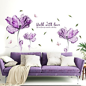 Prabahdak Flowers Wall Sticker Watercolor Purple Floral Wall Decal DIY Butterfly Flower Art Decor Stickers Floral Quotes Saying Wall Decals Mural for Nursery Bedroom Kids Room