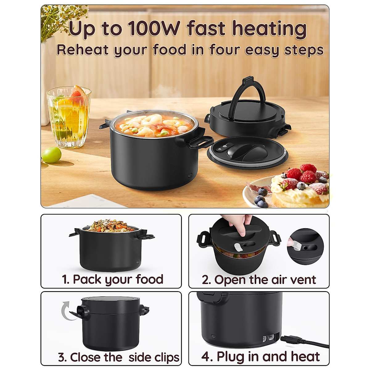 CDBEEE Electric Lunch Box for Adults,100W Heated Lunch Box 12/24/110V Lunch Warmer Leakproof,33Oz Portable Food Warmer for Work,Travel, home,Office,On-the-Go,Lonchera Eléctrica Portátil (Black)