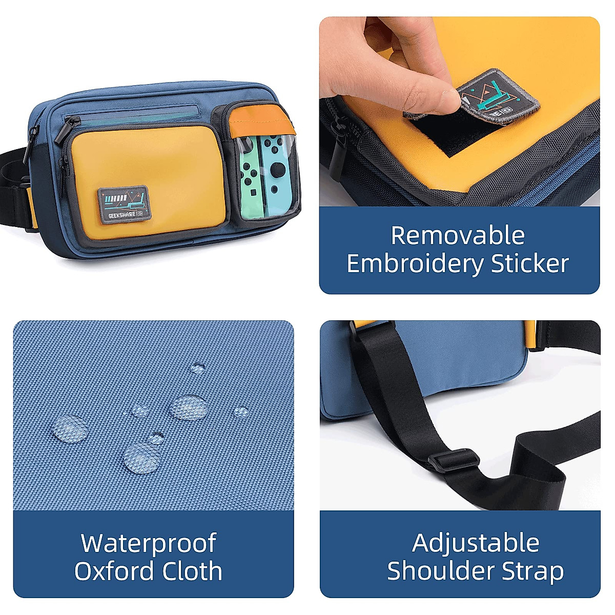 GeekShare Large Capacity Multifunctional Switch/Switch OLED Travel Carrying Case-Color Contrast Laser Messenger Bag Compatible with Switch (Blue & Yellow)