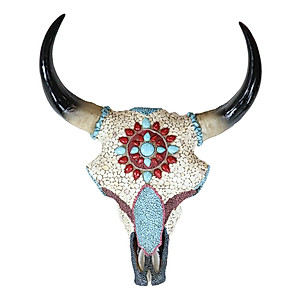 Ebros Gift 16.5" High Large Western Southwest Steer Bison Buffalo Bull Cow Skull Head with Mosaic Turquoise and Red Aztec Sun Teardrop Gems Design Wall Mount Decor Native Indian Accent Skulls