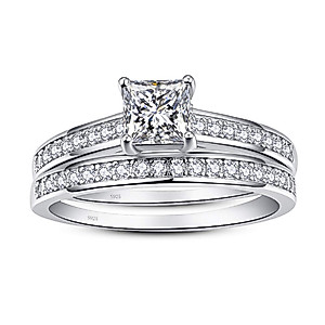 AVECON 1.35ct Princess Cut Engagement Ring 925 Sterling Silver Wedding Ring Set for Women Princess Cut Cubic Zirconia Bridal Ring Sets Valentine's Day Gift Size 7
