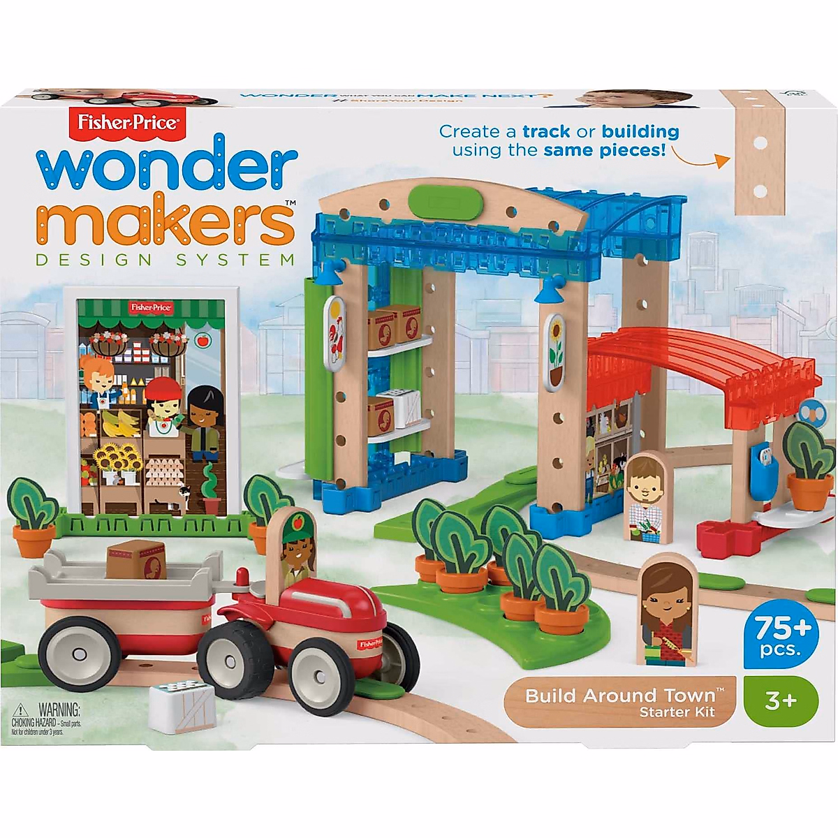 Fisher-Price Wooden Building Toy Wonder Makers Design System Build Around Town Starter Kit, 75 Wood Piece Playset for Preschool Kids Ages 3+ Years