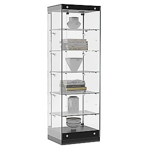 Displays2go Display Show Case with LED Lighting, Glass Shelves, Locking Door, MDF Top & Base – Clear & Black (GTAP24LEDB)