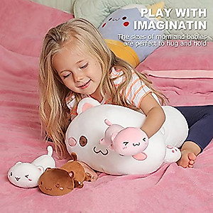 Onsoyours Cat Stuffed Animal Mommy 19.7" with 3 Kitty Plushies, 4 Piece of Cute Cat Plush Pillow Toys for Kids Girls Boys (White Cat Family)
