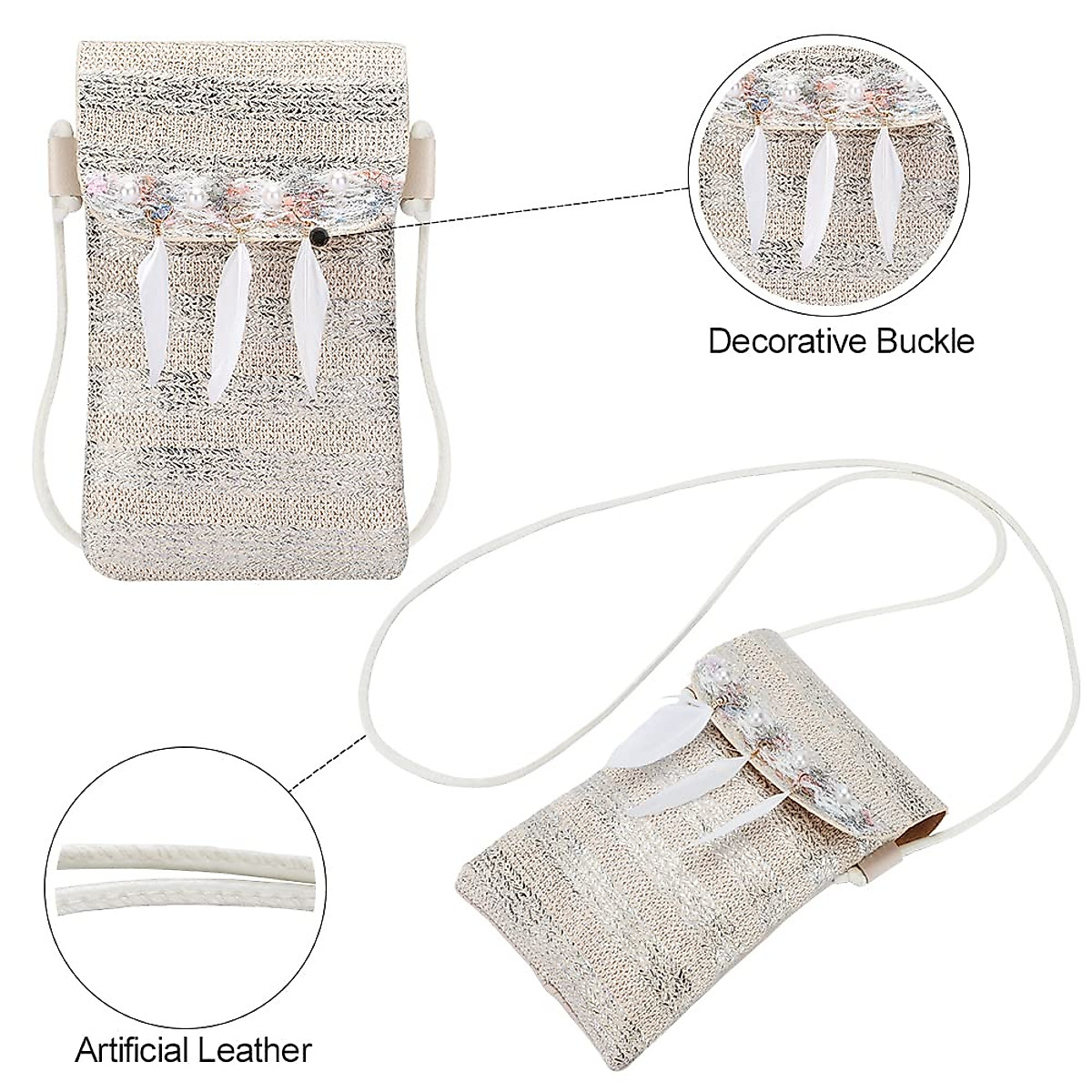 Soleebee Boho One Shoulder Crossbody Phone Bag Small Shoulder Bag Mini Wallet for Women Storage Bag Woven Leather Trim Phone Bag Compatible with Multiple Phone Sizes, Feather