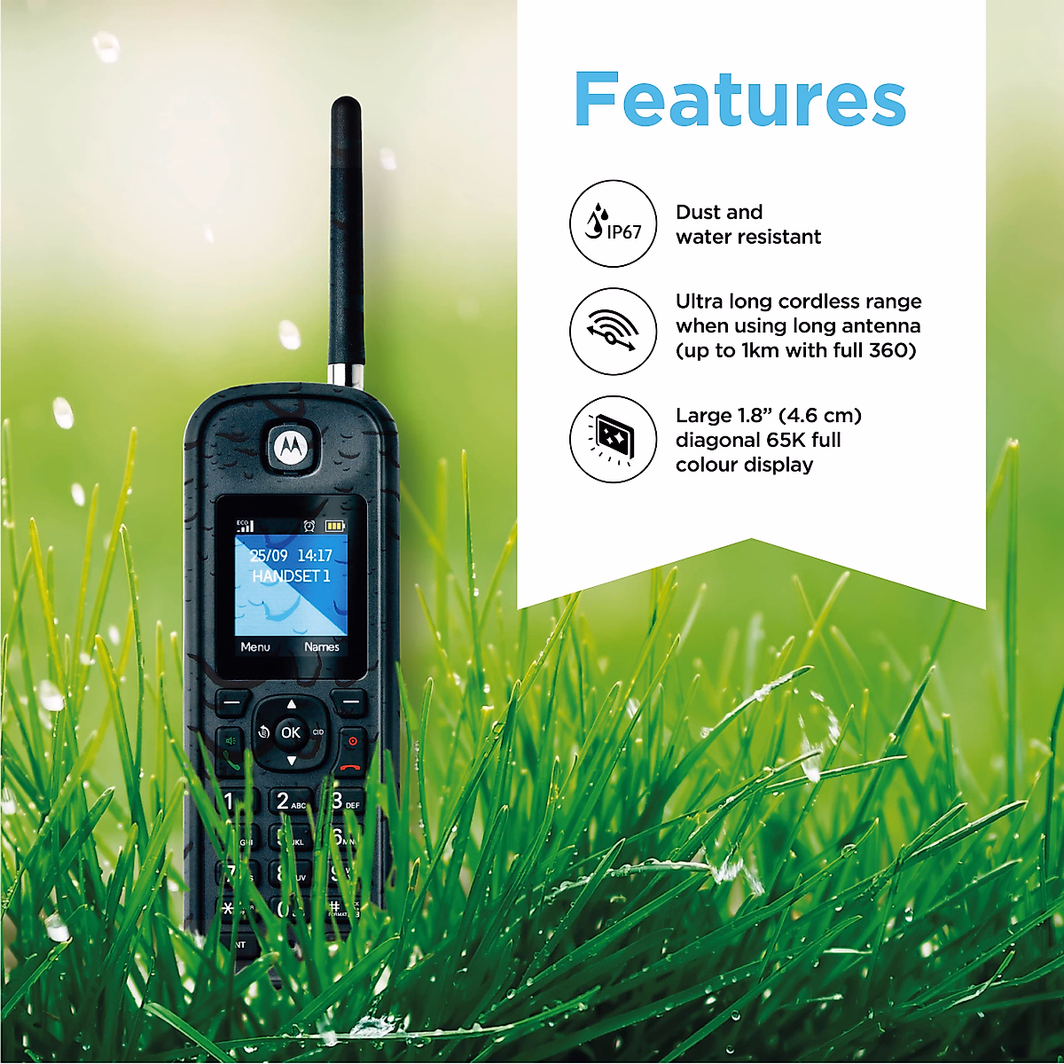 Motorola O213 DECT 6.0 Long Range Cordless Phone - Wireless Phones for Home & Office Phone with Answering Machine - Indoors and Outdoors, Water & Dust Resistant, IP67 Certified - Black, 3 Handsets