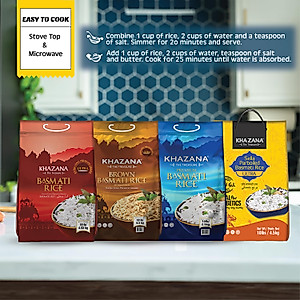 Authentic Ultra Long Parboiled Basmati Rice by Khazana in 10 lb Bag - Aromatic and Flavorful Indian Grain - Non-GMO, Gluten Free, Kosher, Cholesterol Free