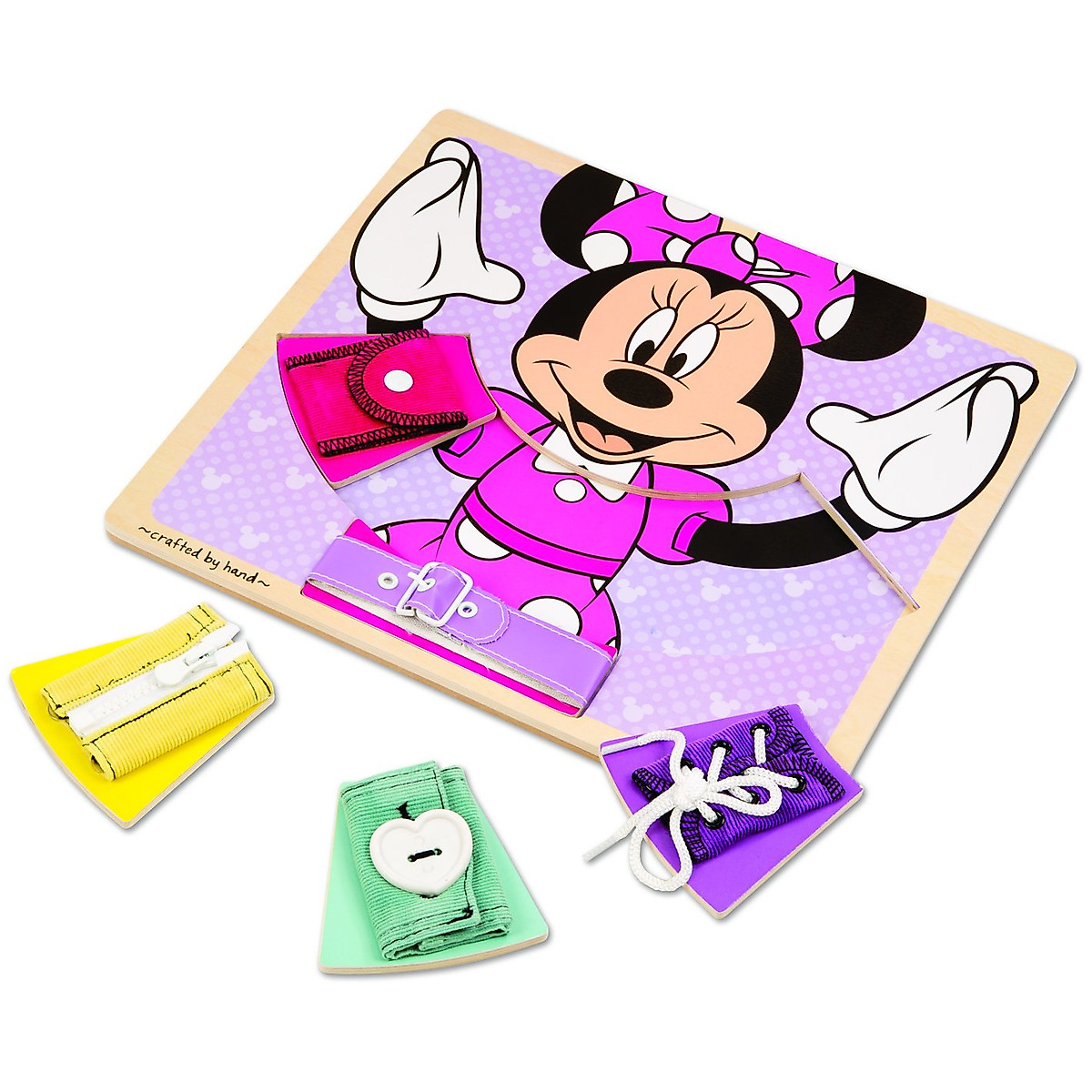Melissa & Doug Disney Minnie Mouse Wooden Basic Skills Board - Zip, Lace, Tie, Buckle, Button, and Snap