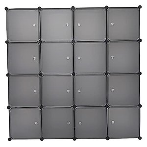 JASOYA modular wardrobe plastic cabinet, 16 cubic wardrobe drawer units, DIY modular wardrobe with doors, can store shoes, books, toys, yarn, gray