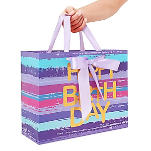 13" Large Purple-blue Multicolor Watercolor Gift Bag Set with Greeting Card and Lavender Tissue Papers (Gold Foil ‘Happy Birthday’) for Women's or Men's Birthday Party, Girls', Boys' or Kids' Party,