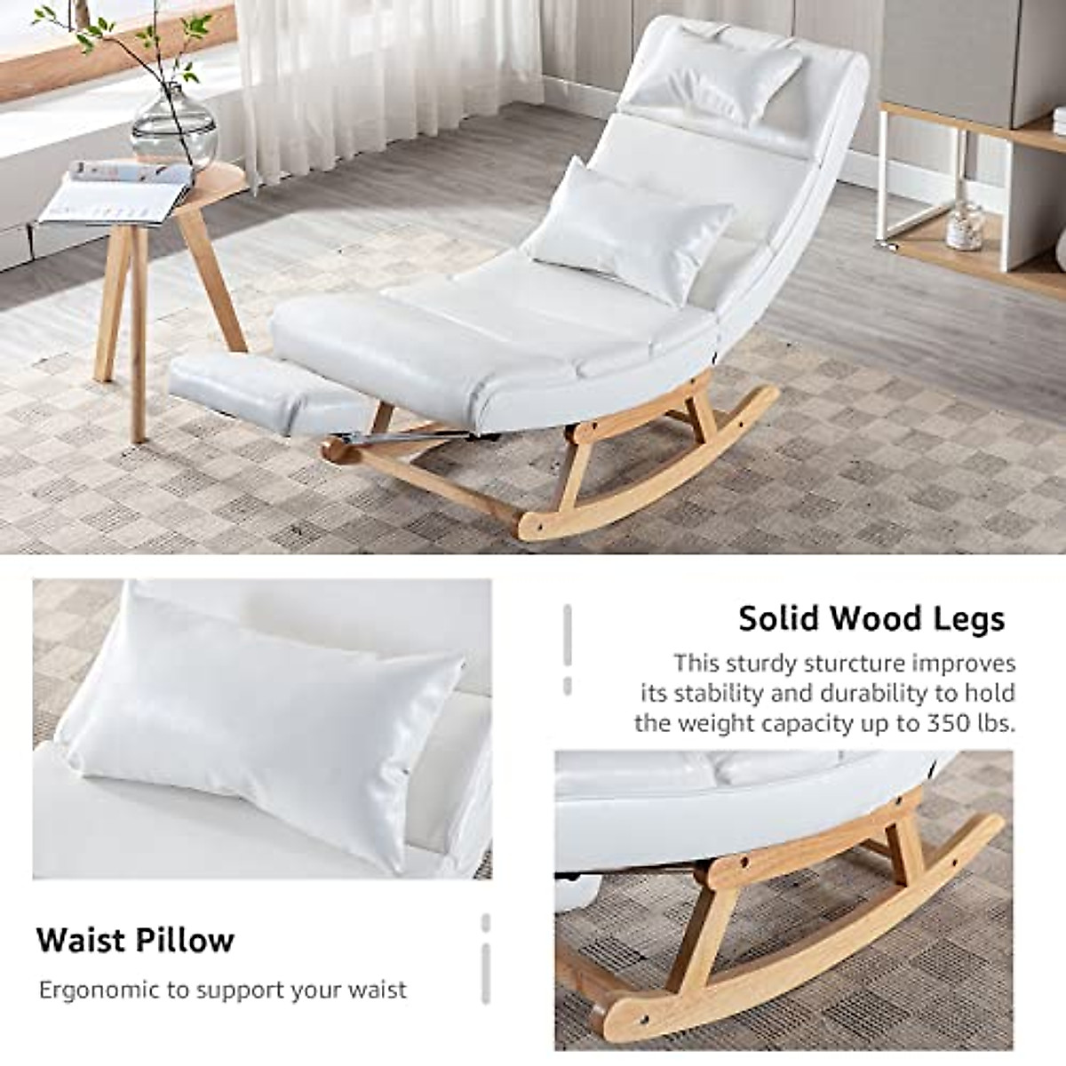 NIOIIKIT Modern Rocking Lounge Chair, Upholstered Glider Chair for Nursery, Accent Rocker Chair with Large Back & Pull Out Pedal, Lie or Sleep Lazy Chair for Living Room, Bedroom, Balcony (White PU)