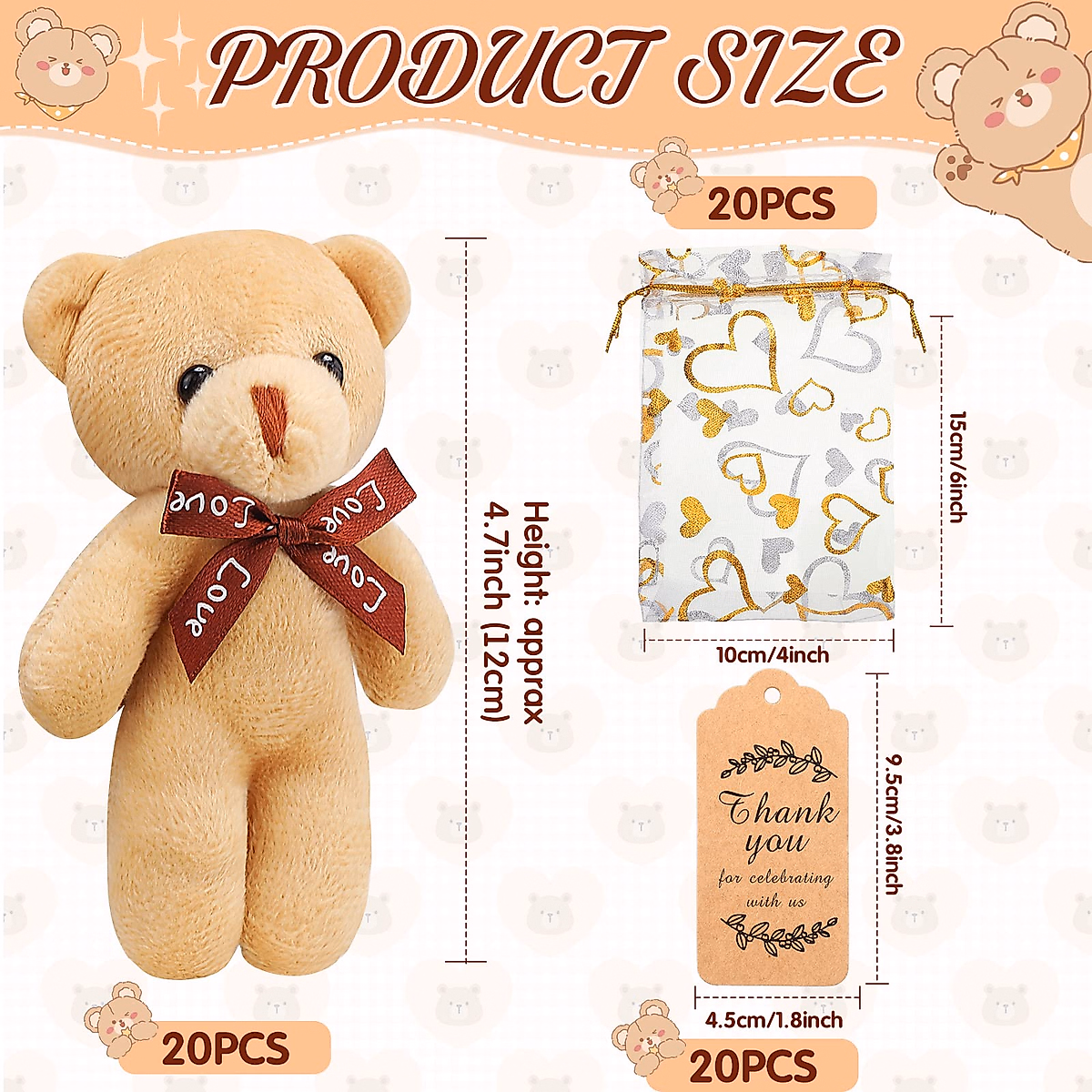 Libima 60 Pcs Mini Bear Baby Shower Decorations Bear Baby Shower Favors Bear Party Supplies Souvenirs 4.7" Tiny Soft Stuffed Plush Bears Bulk with Thank You Tag and Heart Organza Bag (Brown Series)