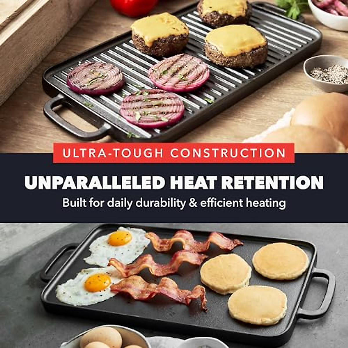 GreenPan x Bobby Flay Cast Iron Pre-Seasoned 11” Reversible Double Burner Rectangle Grill/Griddle, Helper Handles, Induction Suitable, Versatile Stovetop, Oven, BBQ & Fire, Indoor/Outdoor Use, Black