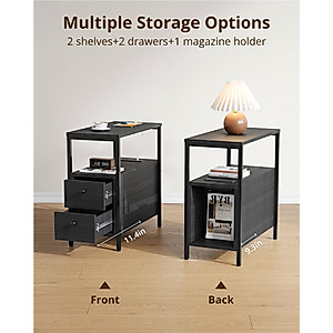 EVASTAR End Table with Charging Station, Narrow Side Table with 2 Drawers, Living Room Nightstand with Storage, Slim Bedside Table for Bedroom, Small Spaces, Black