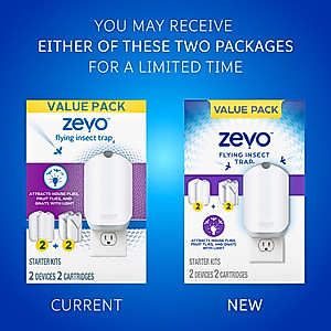 Zevo Flying Insect Trap for Indoors: Light Trap Captures Fruit Flies, Gnats and Houseflies, Starter Kit Value Pack (2 Plug-in Bases + 2 Cartridges)
