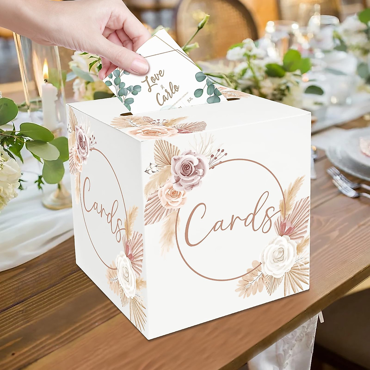 LIKAJON 1 Pack Boho Floral Card Box Holder for Party, 8.7" Card Box for Wedding, Gift Card Box for Birthday, Wedding, Baby Shower, Retirement, Anniversary, Bridal Shower, Raffle Ticket