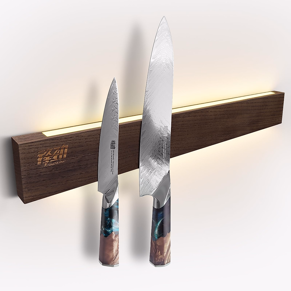 FINDKING 18 Inches Lighted Magnetic Knife Strip, Backlit LED Utensil Holder for Wall and Refrigerator, Magnet Knife Rack for Home Kitchen, No Drill (Ash Wood, Dark Brown)