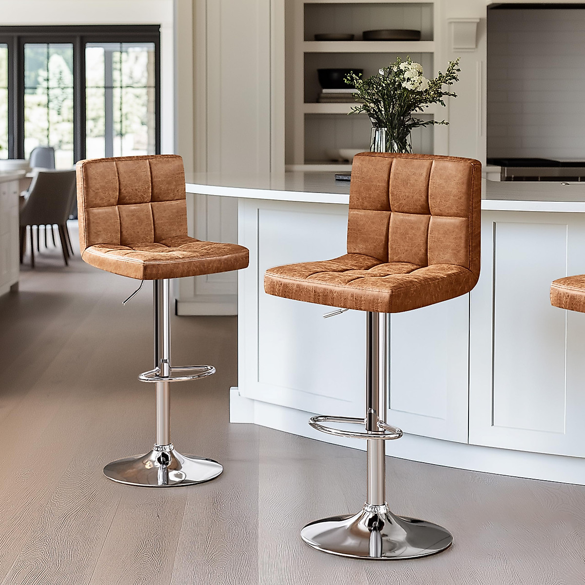 Yaheetech Bar Stools Set of 2, PU Leather Swivel Barstools, Height Adjustable Counter Chairs, Modern Stools with Back for Bar Kitchen Island Dining Room, Retro Brown