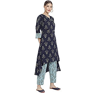 Yash Gallery Women's Cotton Floral Print A-line Kurta Pant Set (Blue)