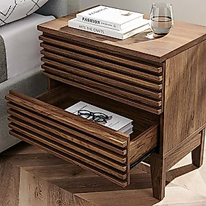 Modway Render Mid-Century Modern Two-Drawer Bedside End Table in Walnut