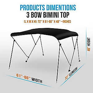 SereneLife Waterproof Boat Bimini Top Cover-61-66'W 3 Bow Bimini Top Canvas Sun Shade Boat Canopy-1' Double Wall Aluminum Frame Tube,2 Straps 2 Rear Support Poles,Storage Boot-SLBT3BK661(Black)