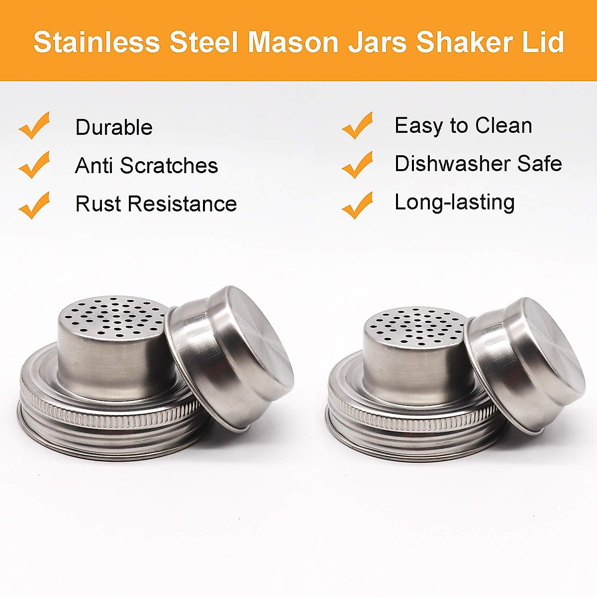 2 Pack Stainless Steel Mason Jar Shaker Lids with Silicone Seals for Regular Mouth Mason, Canning Jars Spices, Salt, Peppers or Shake Drinks Cocktail