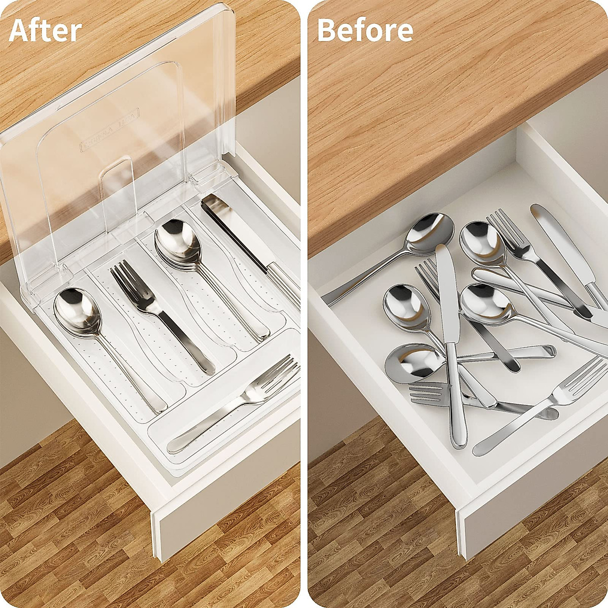 CDWMJ Silverware Organizer for Drawer & Countertop with Lid, Plastic Flatware Cutlery Tray with 5 Compartments, Dustproof Portable Kitchen Utensil Holder