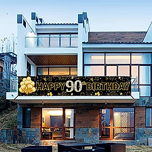 Pimvimcim 90th Birthday Banner Backdrop Decorations for Women Men, Happy 90 Year Old Birthday Party Sign Supplies, Ninety Years Old Birthday Party Decor(Black Gold)