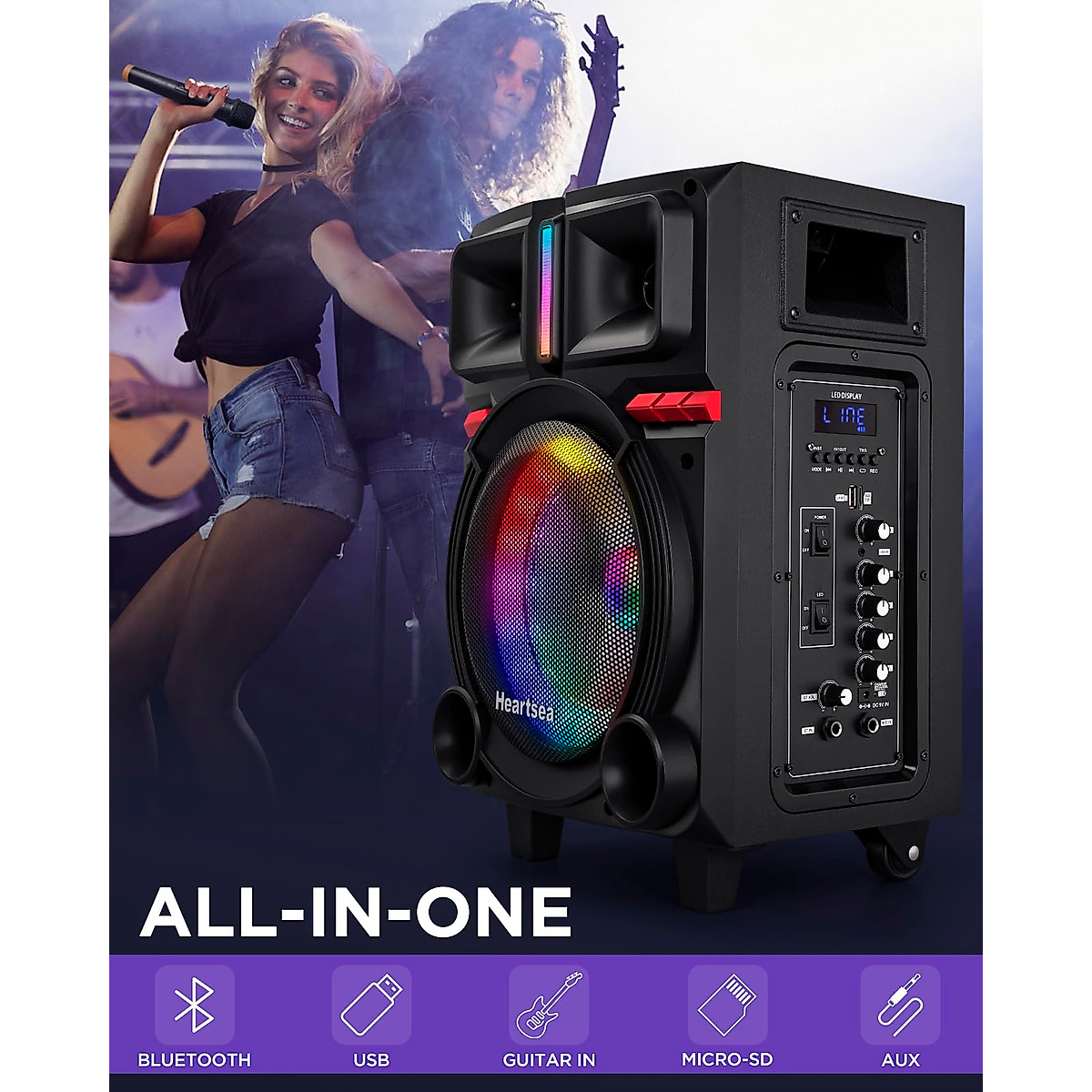 HEARTSEA Karaoke Machine with 2 Wireless Microphones for Kids, Portable Bluetooth Singing Speaker Adults with Disco Ball + Lyrics Display Holder - TF Card/USB/FM Radio for Parties Recording