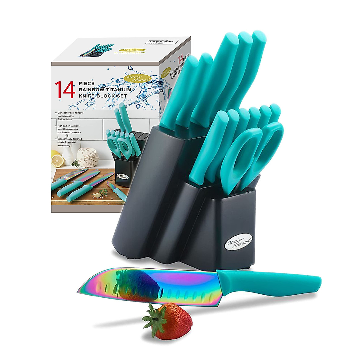 KYA27 Rainbow Color Cutlery Knife Set with Wooden Block + Marco Almond MA63 Graters for Kitchen