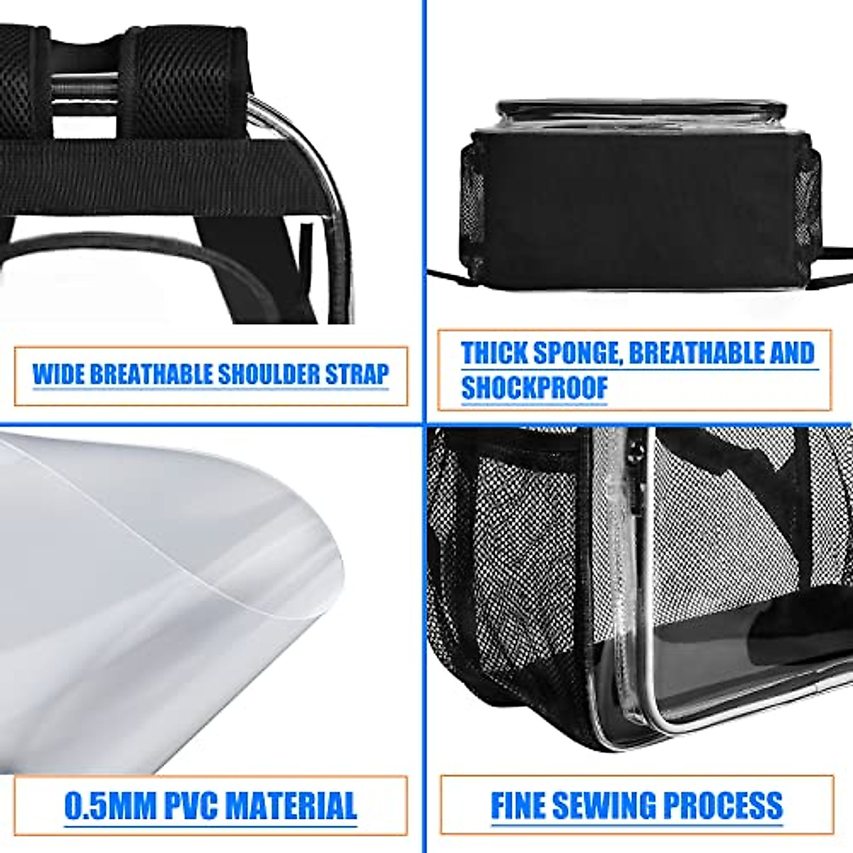 OSOCE Black Clear Backpack Heavy Duty,Clear Bag Stadium Approved,PVC Transparent Clear Book Bag with Adjustable Shoulder Straps and Front Accessory Pocket for Security Work Concert Festival Travel